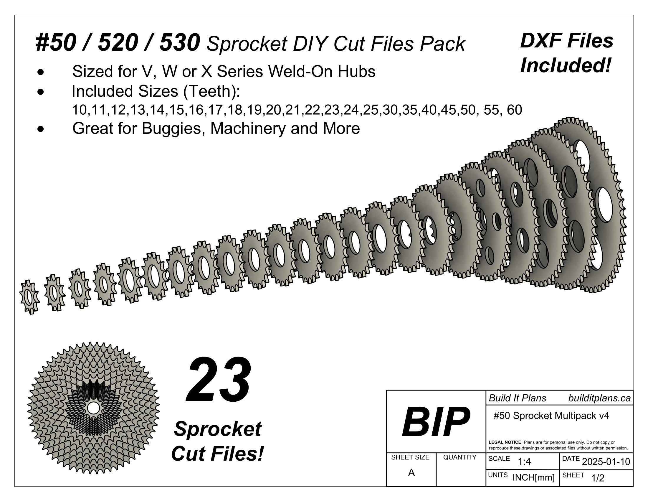 Number 50 Sprocket DXF Cut Files - ANSI 50, 520, 530 Chain – Build It ...